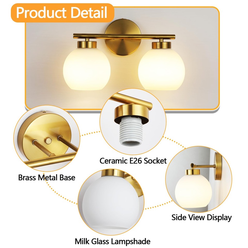 Wynterhaven 2 Light Bathroom Vanity Light, 2-Light, Gold & Milky White ...