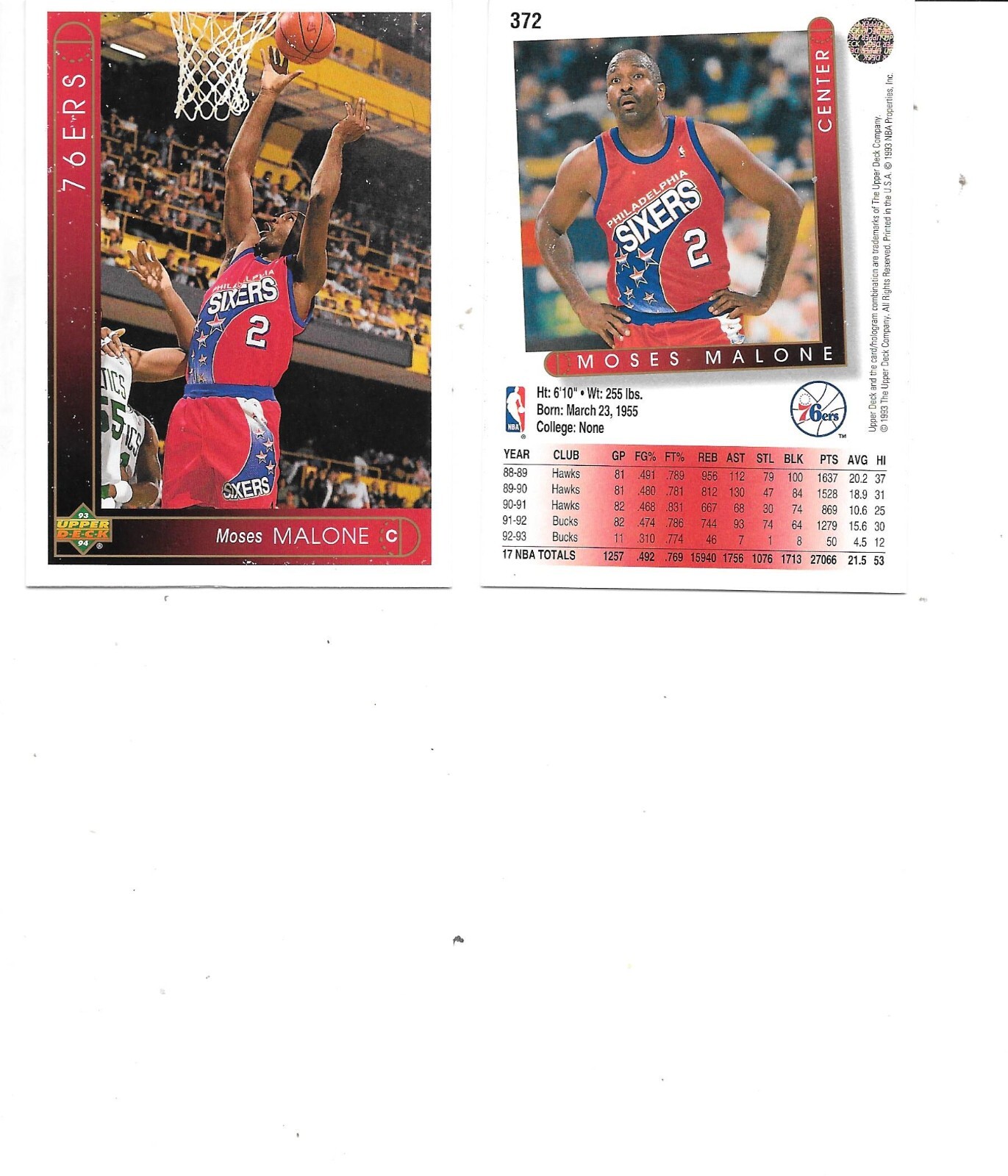 Moses Malone HOF 1993-94 Upper Deck Basketball Card #372 BOGO FREE ...