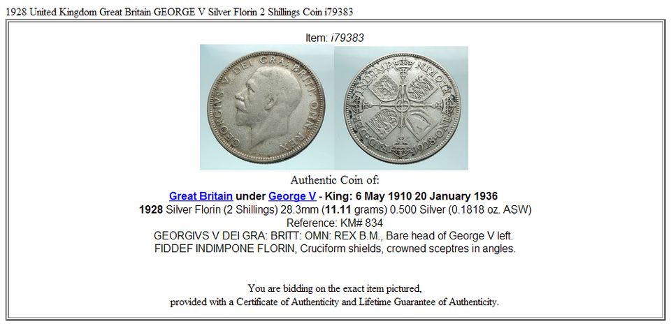 1928 United Kingdom Great Britain GEORGE V Silver Florin 2 Shillings ...