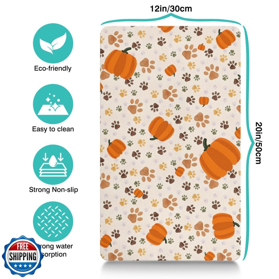 Fall Pumpkin Dog Food and Water Mat, Paw Prints Autumn Pet Feeding Mat ...