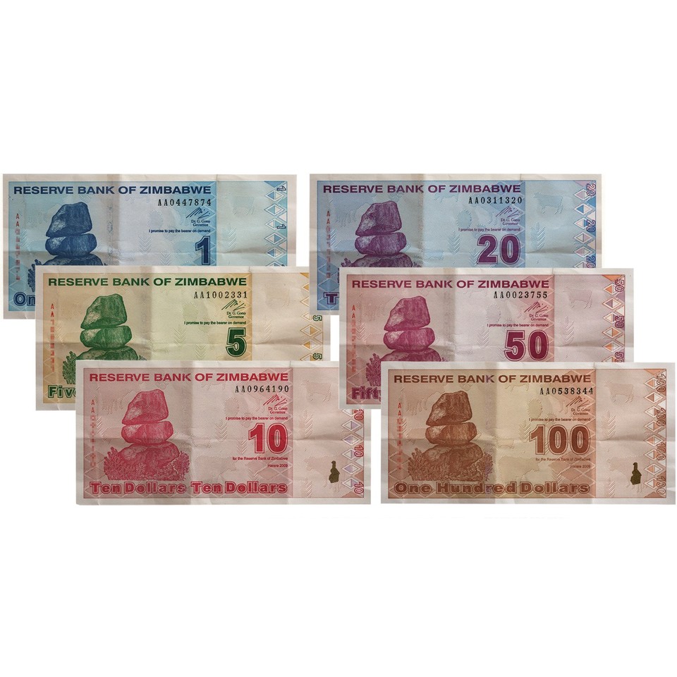 $1 $5 $10 $20 $50 $100 Zimbabwe Banknotes 2009 AA Series Circulated Low ...