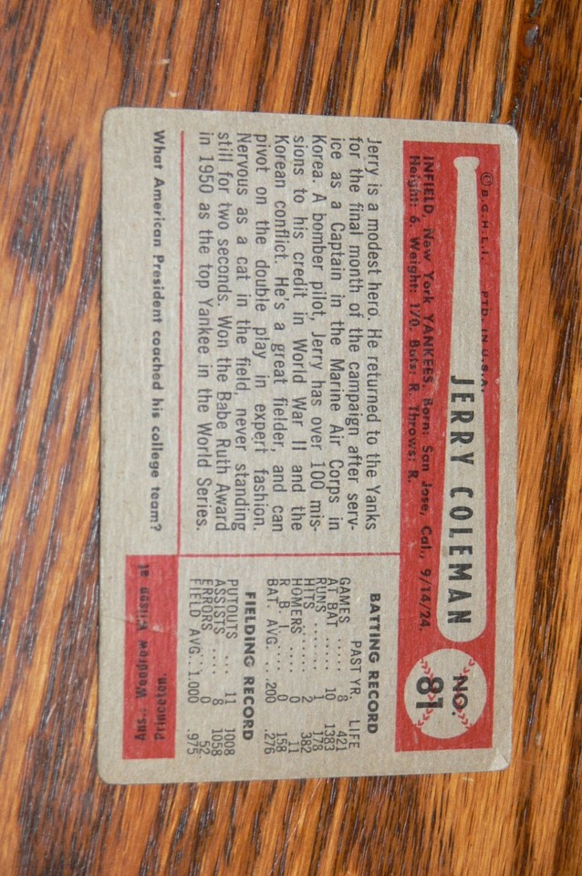 JERRY COLEMAN SIGNED AUTOGRAPHED 1954 BOWMAN CARD # 81 NEW YORK YANKEES ...