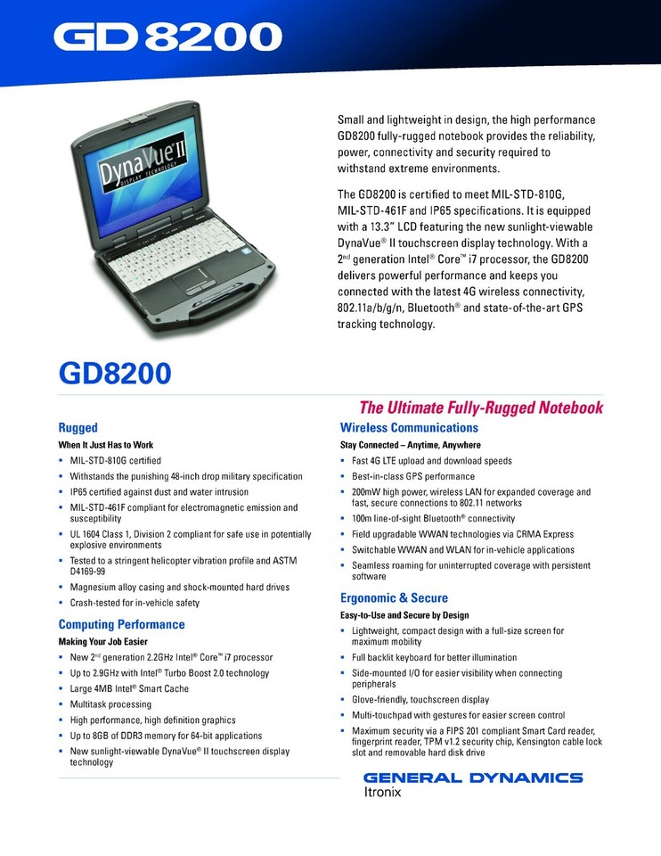 General Dynamics GD8200 Rugged Military Laptop Base Core i7 8GB RAM ...