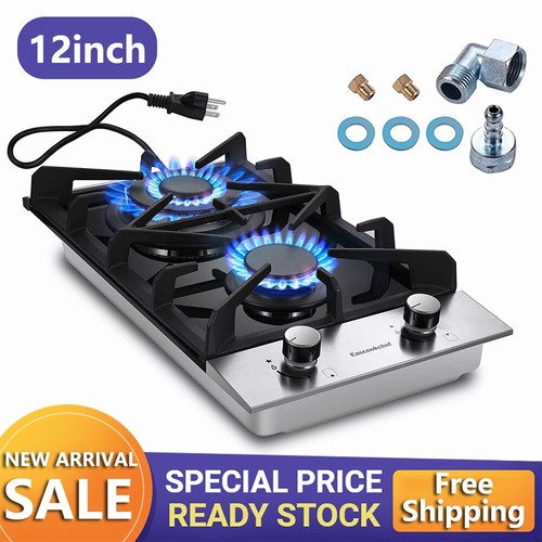 Kitchen Gas Cooktop Dual Burners Black Tempered Glass Countertop Drop ...
