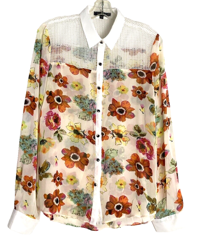 Femme Button Up Blouse Abstract Floral Women Size M Mesh Detail Semi ...