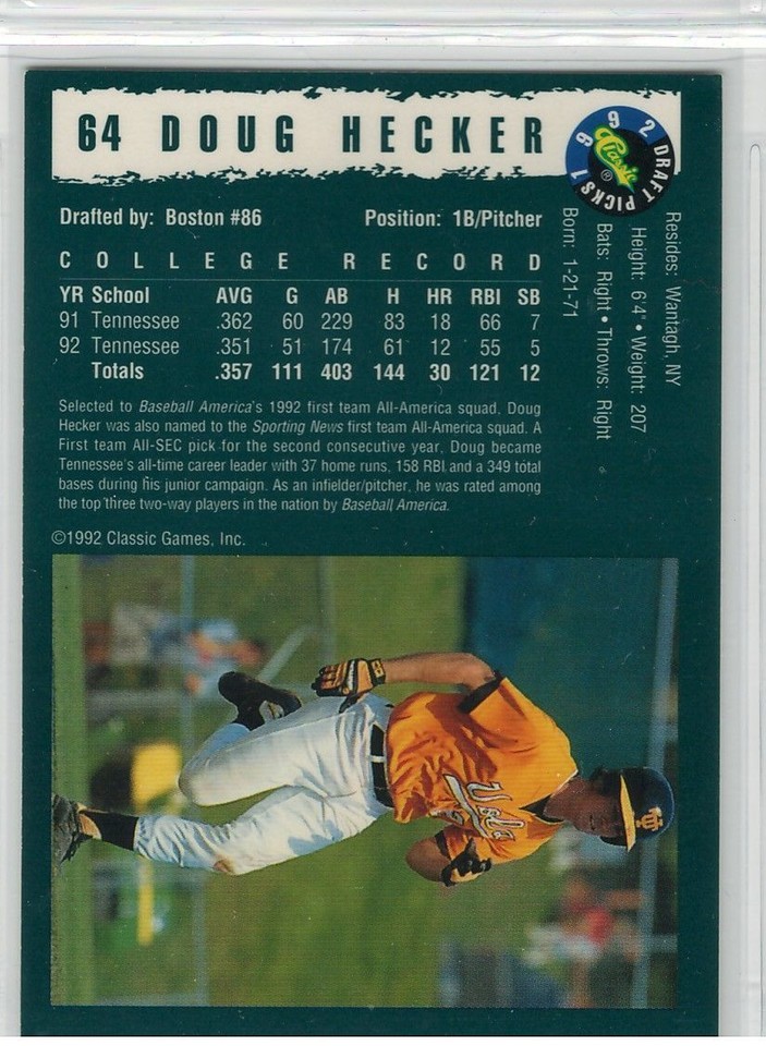 Doug Hcker 1992 Classic #64 Draft Picks Rookie Card RC Red Sox | eBay