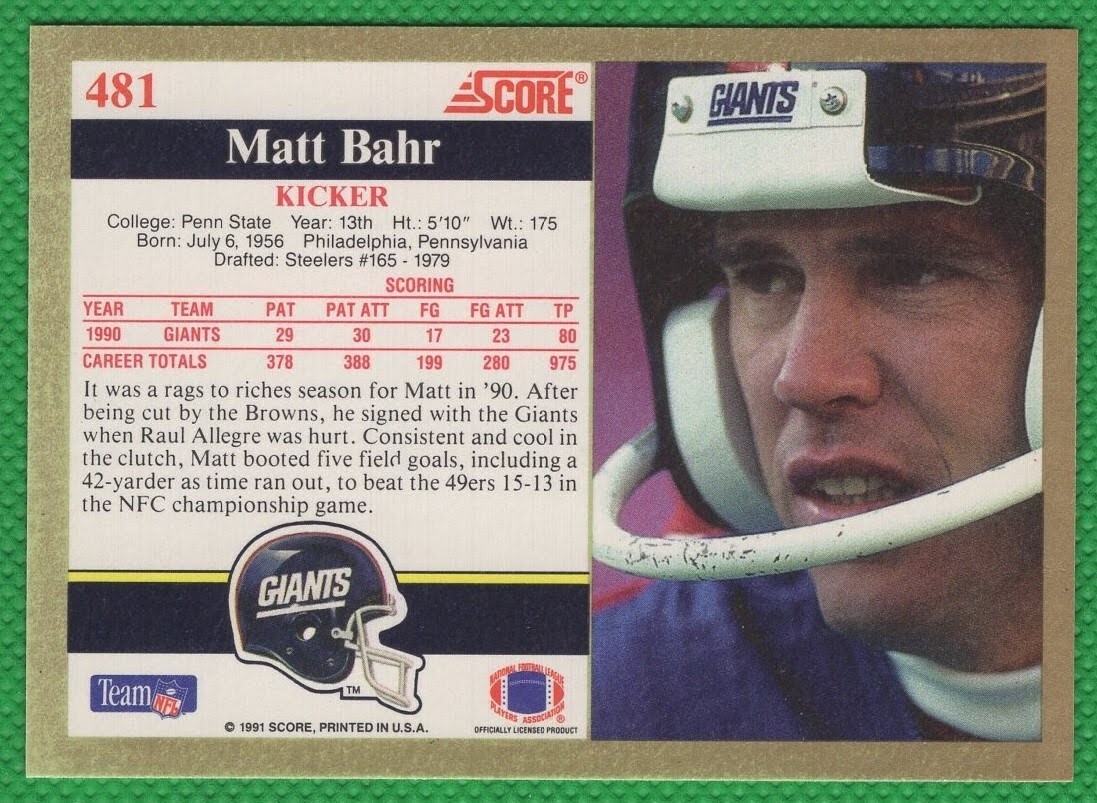 Matt Bahr - 1991 Score #481 - New York Giants Football Card | eBay
