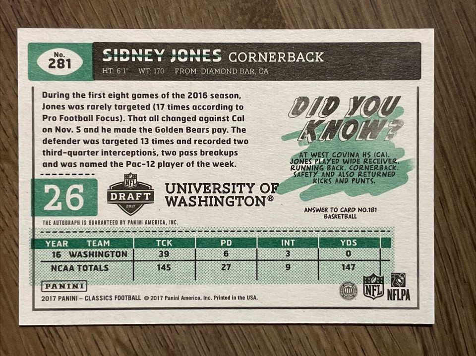 2017 Panini Classics Significant Signatures #281 Sidney Jones /199 | eBay