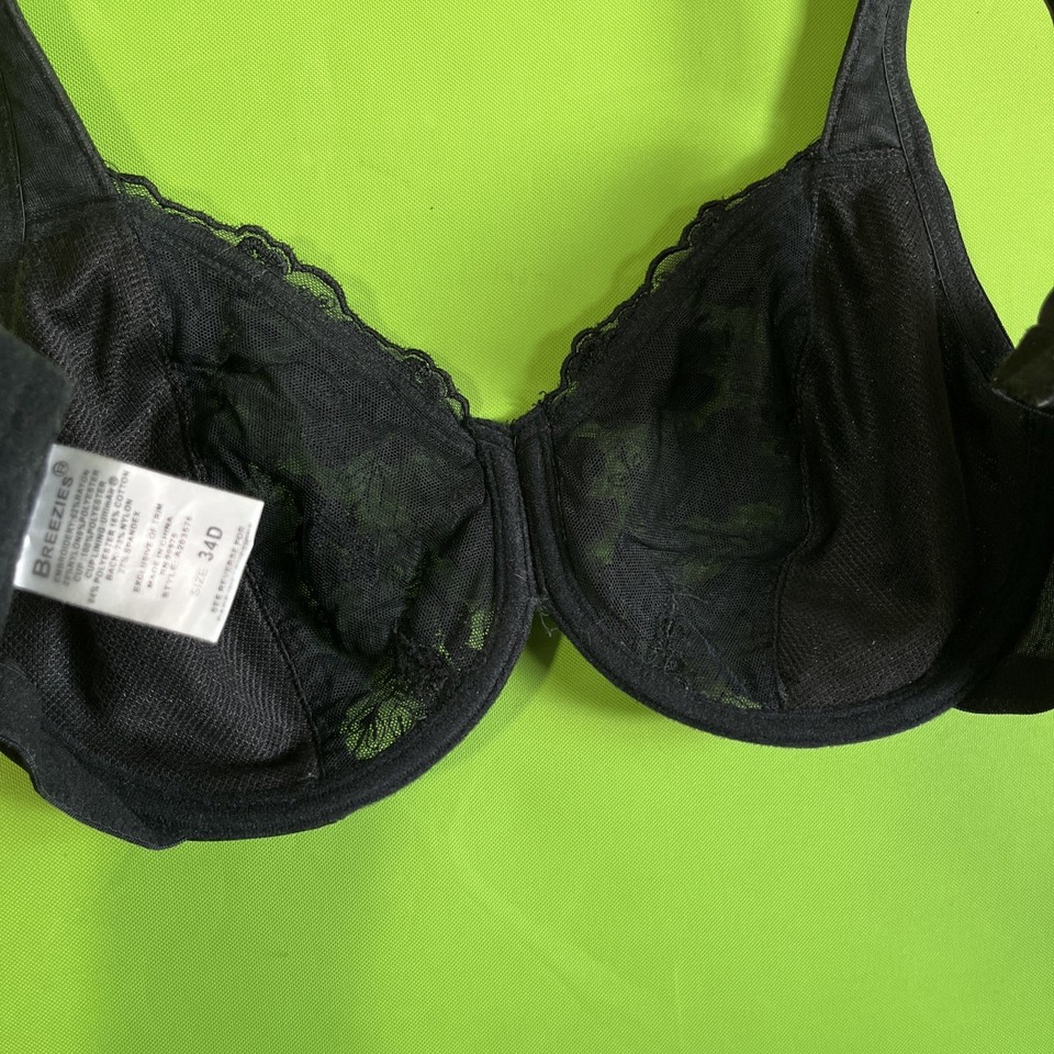 34D Breezies Full Coverage Underwire Lace Bra Black UltimAir Lining ...