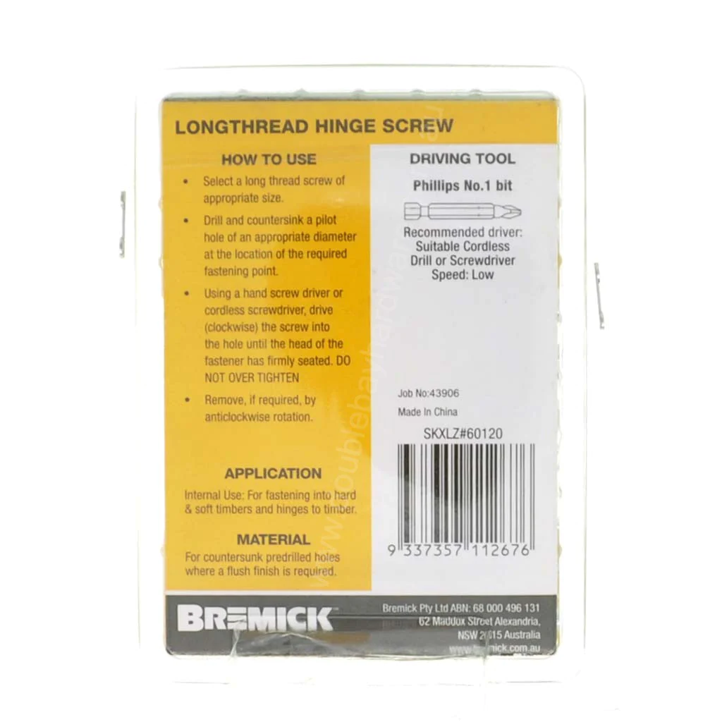 Bremick 6Gx12mm Countersunk Long Thread Hinge Screw Phillips Zinc ...