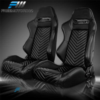 Adjustable Universal Racing Bucket Seats Black PU Pair & 2 Dual Sliders ...
