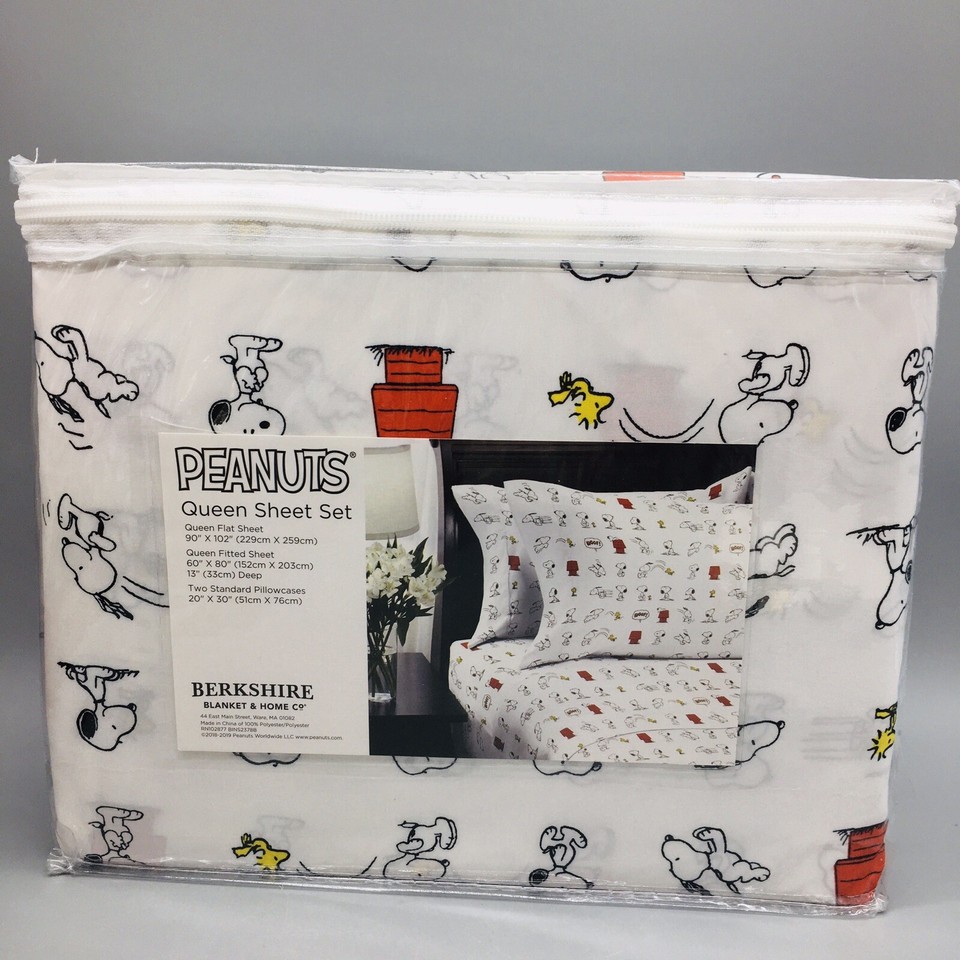 4pc Berkshire Peanuts QUEEN Sheet Set Snoopy Woodstock Red Doghouse ...