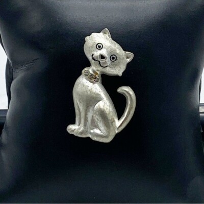Vintage Silver Cat Pin Brooch Rhinestone Collar | eBay