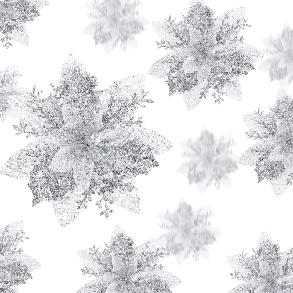 24 Christmas Glitter Artificial Poinsettia Flowers Xmas Poinsettia ...