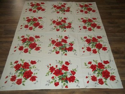 🌹 1940s-50s Vintage Wilendur 🌹 Red Rose 🌹 Tablecloth Cotton 69" X 56" 🌹 ...