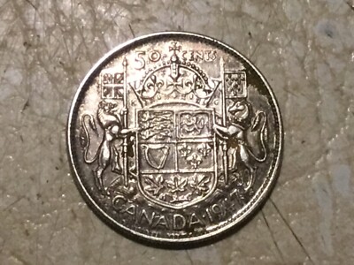 RARE CURVED 7 SILVER COIN 1947 Canada 50 Cents POST CURVED 7 GOLD TONED ...