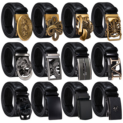 Formal Mens Belts Automatic Gold Buckles Black Leather Ratchet Work ...
