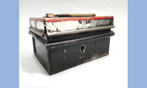 antique ORIG. mini metal CASH BOX DIME BANK w LOCK salesman sample ...