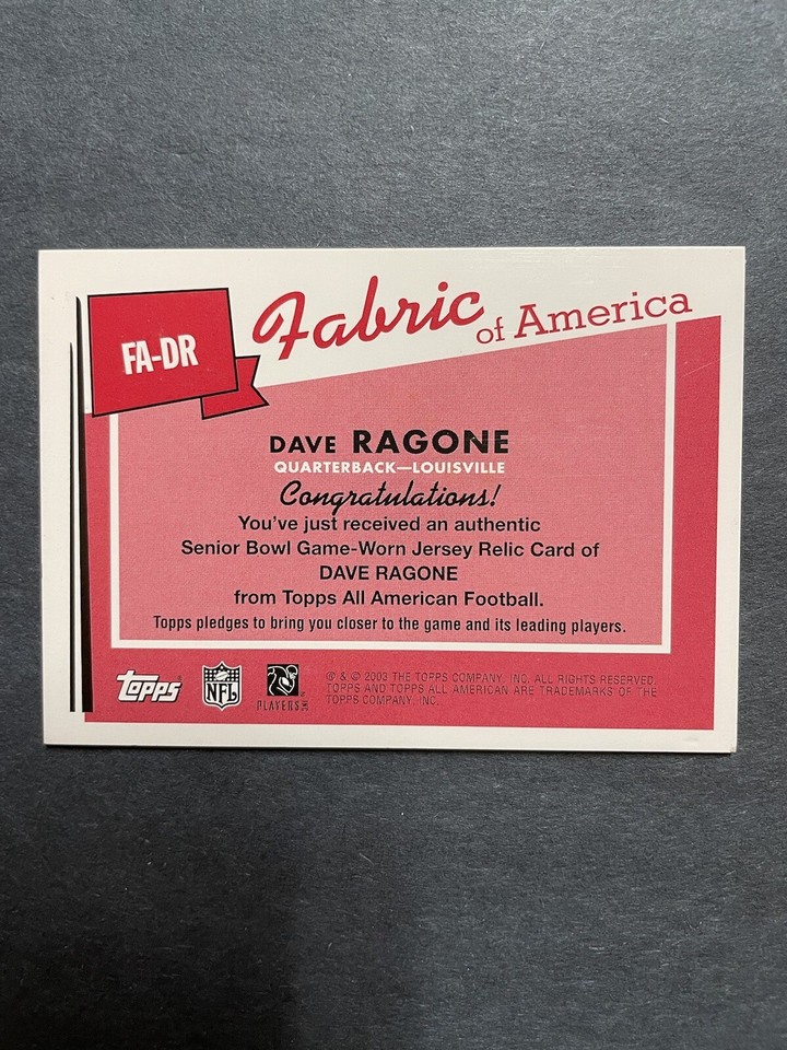 2003 Topps All American Fabric of America Dave Ragone #FA-DR Rookie RC ...