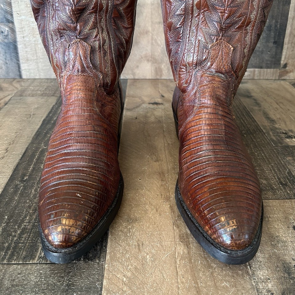 Dan Post Brown Teju Lizard Vibram Sole Moto Cowboy Boots Mens 9.5 D | eBay