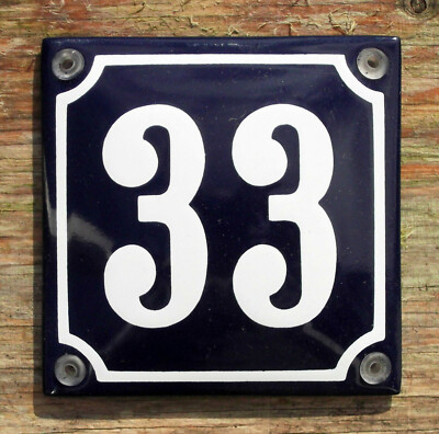 HOUSE NUMBER 33, FRENCH ENAMEL SIGN. WHITE No.33 ON A BLUE BACKGROUND ...