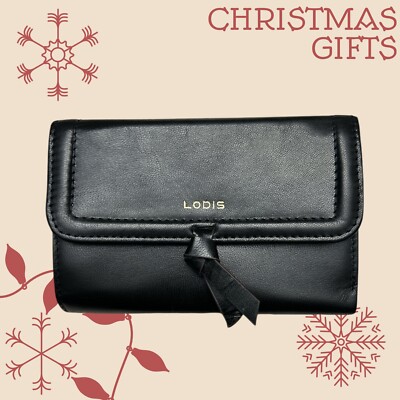 LODIS Ella Medium Flap Trifold Wallet~ Glaze Leather Genuine~ Black ...