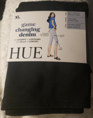 Hue Game Changing Denim High Rise Wide Waistband Short Capri BLACK ...