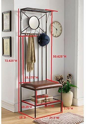 Brown Metal Hall Tree Padded Bench Mirror Entryway Storage Coat Rack ...