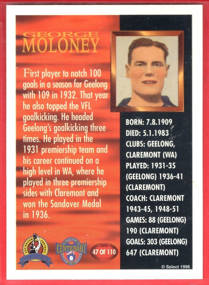 1996 VFL WAFL AFL HALL OF FAME HOF (SERIES 1) CARD - 47 George MOLONEY ...