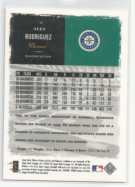 2000 Upper Deck Ultimate Victory Alex Rodriguez Card #18 Seattle ...
