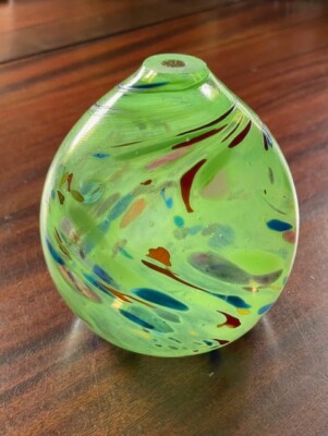 Loretta EBY glass vase; handblown/signed, bright green w/ colored ...