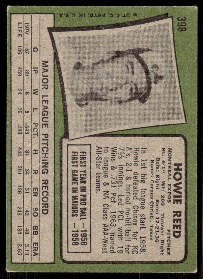 1971 Topps Howie Reed #398 Montreal Expos Baseball Card | eBay