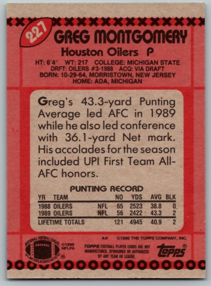 1990 TOPPS GREG MONTGOMERY HOUSTON OILERS #227 | eBay