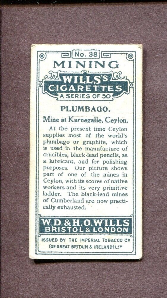 1916 W.D. & H.O. WILLS CIGARETTES MINING TOBACCO CARD #38 PLUMABAGO ...