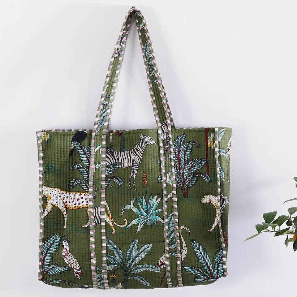 Indian Tote Bags Quilted Handmade Cotton Block Large Shoulder Shopping ...