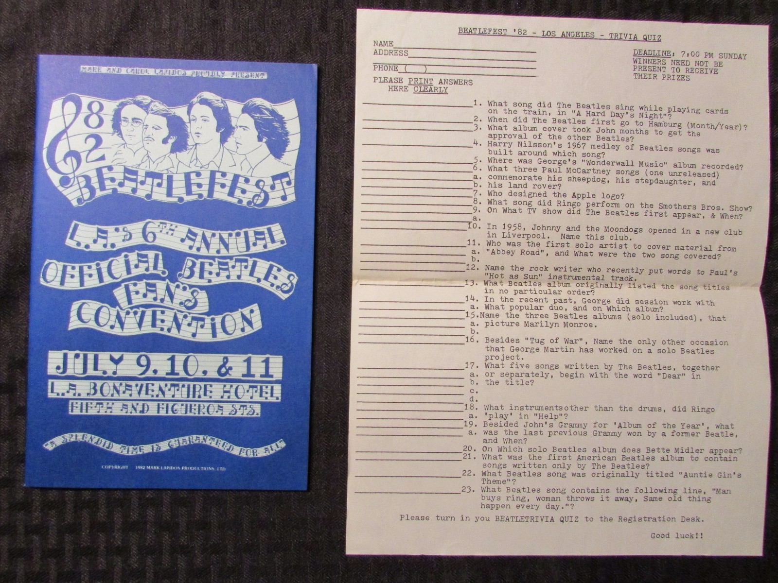 1982 BEATLEFEST Beatles Program & Trivia Quiz NM Los Angeles (A) | eBay