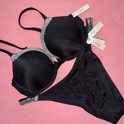 Victoria's Secret 36D PUSH UP BIKINI M bottom BLACK Silver SHINE STRAP ...