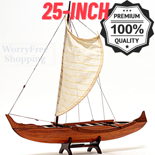 Display Hawaiian CANOE MODEL Outrigger Wooden Sailboat Boat Nautical ...