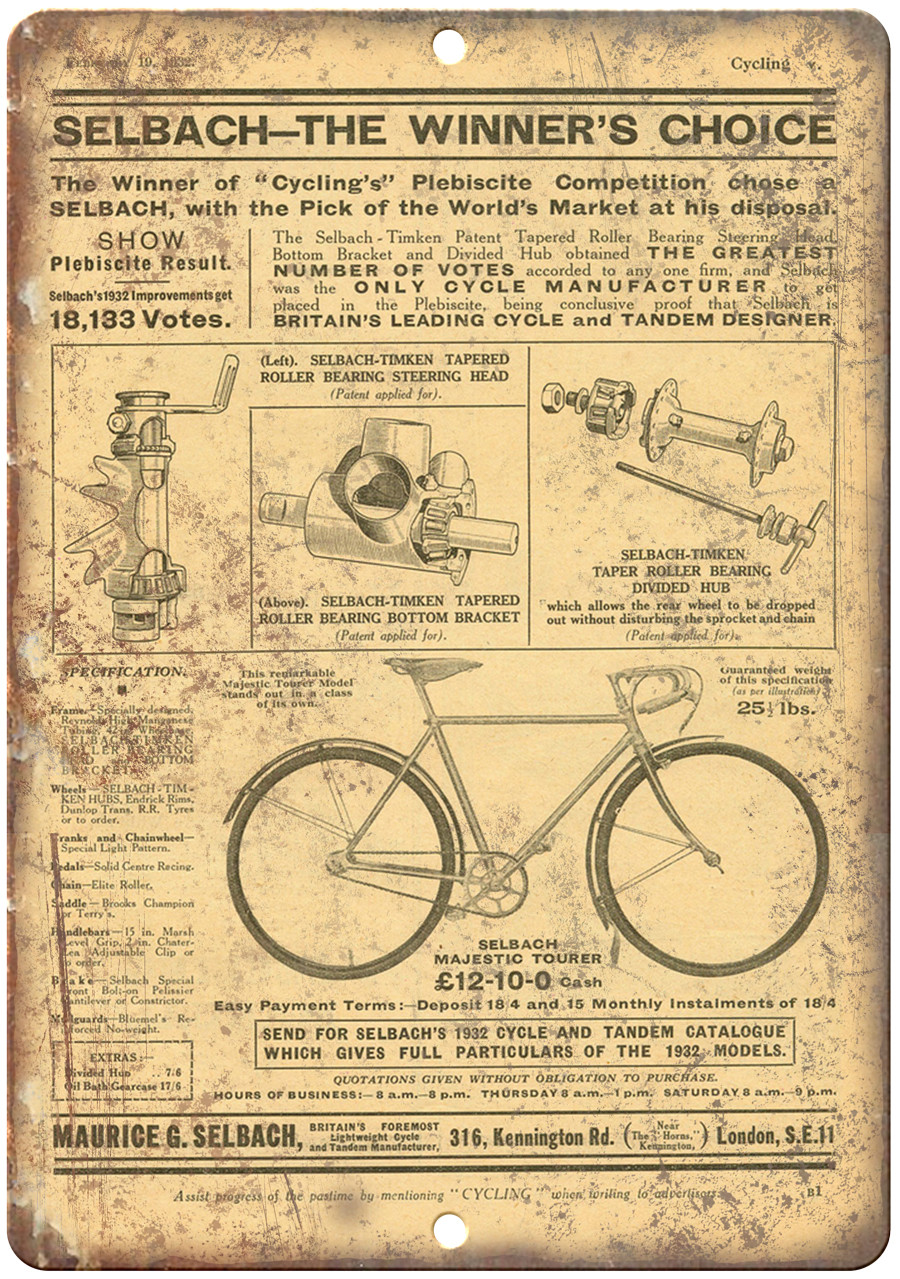 Selbach Bicycle Vintage Ad Bearing 12" x 9" Reproduction Metal Sign ...