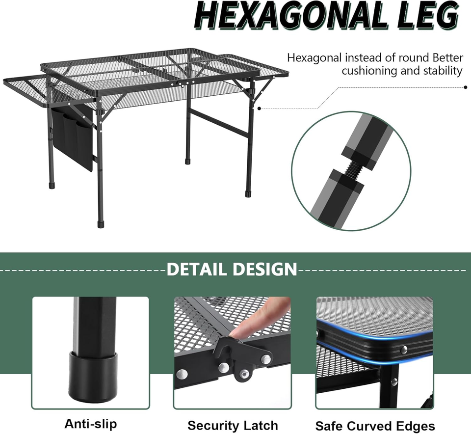 Folding Table with 2 Wing Panels, 3X2 FT Camping Table with Mesh ...