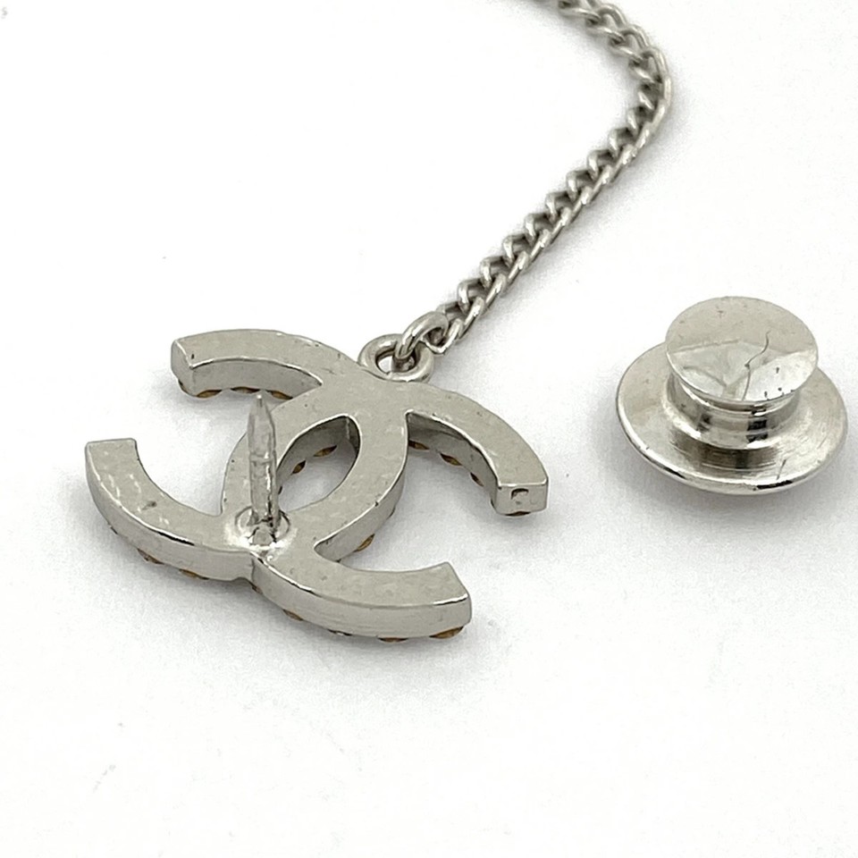 CHANEL Coco Mark Pin Brooch Logo Rhinestone Brooch Silver Plated Silver ...