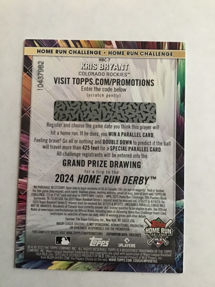 Kris Bryant 2023 Topps Series 1 Home Run Challenge #HRC-7 Colorado ...