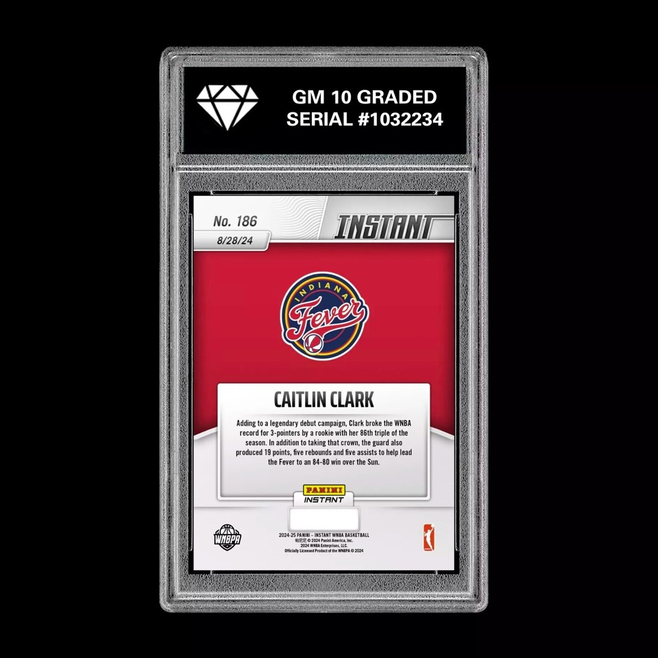 Graded 10 CAITLIN CLARK #186 RC ROOKIE Card 2024 Panini Instant Indiana ...