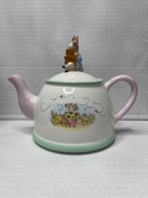 Peter Rabbit Tea Pot Pastel Garden Colors Ceramic 8" x 10" 2002 Beatrix ...
