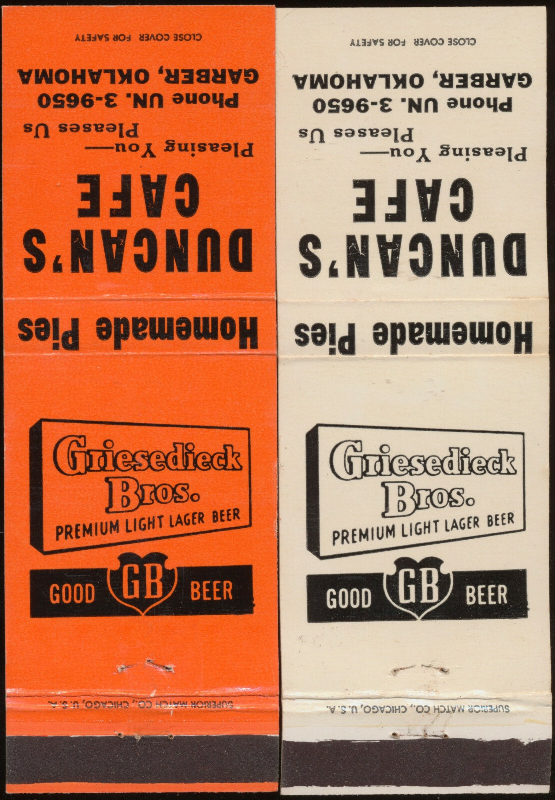 Griesedieck Beer 2 Dif Matchcovers 1950s Duncan's Cafe Garber Oklahoma ...