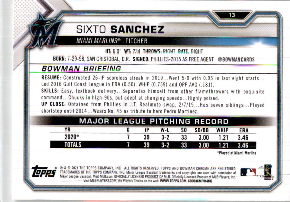 2021 Bowman Baseball Sixto Sanchez #13 RC | eBay
