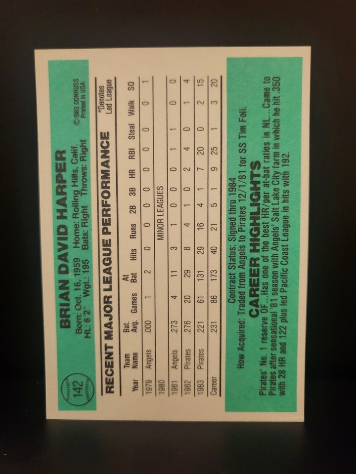 1984 Donruss - #142 Brian Harper (RC) - PITTSBURGH PIRATES | eBay