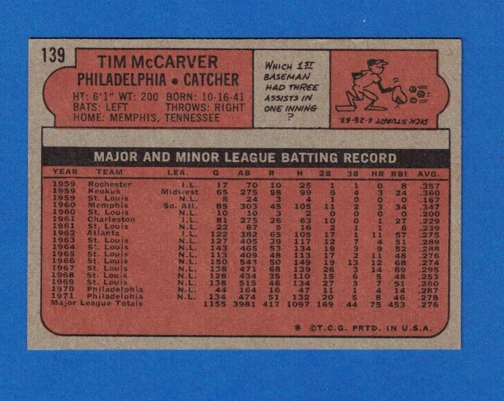 1972 Topps #139 Tim McCarver EX-MT Philadelphia Phillies | eBay