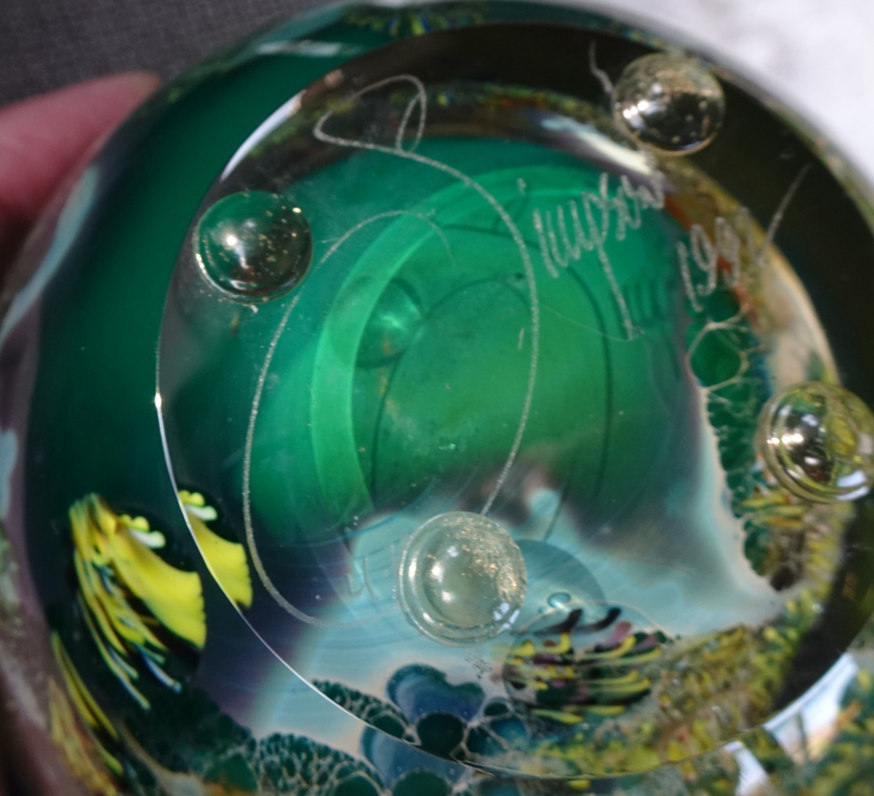 Signed Josh Simpson Studio Art Glass Inhabited Ocean Paperweight Vase ...