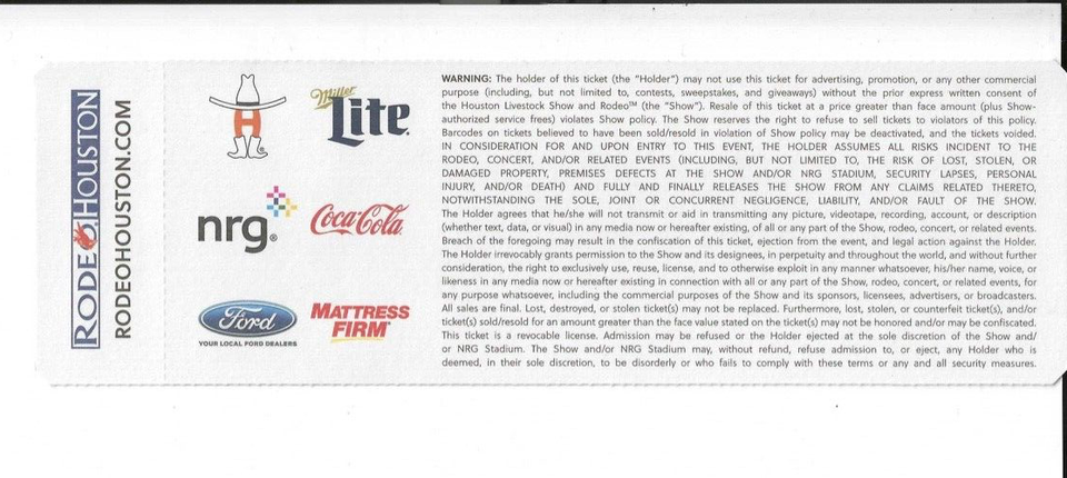 HOUSTON LIVESTOCK SHOW & RODEO - 3/20/2017 - Full Ticket | eBay